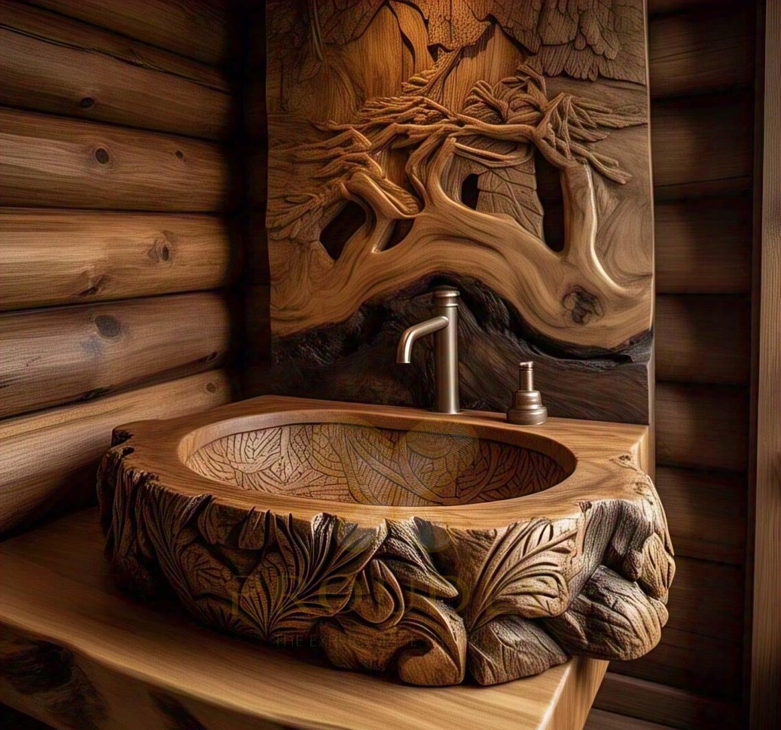 Carved Single Live Edge Sink Solid Basin Wall-mounted or Countertop ...