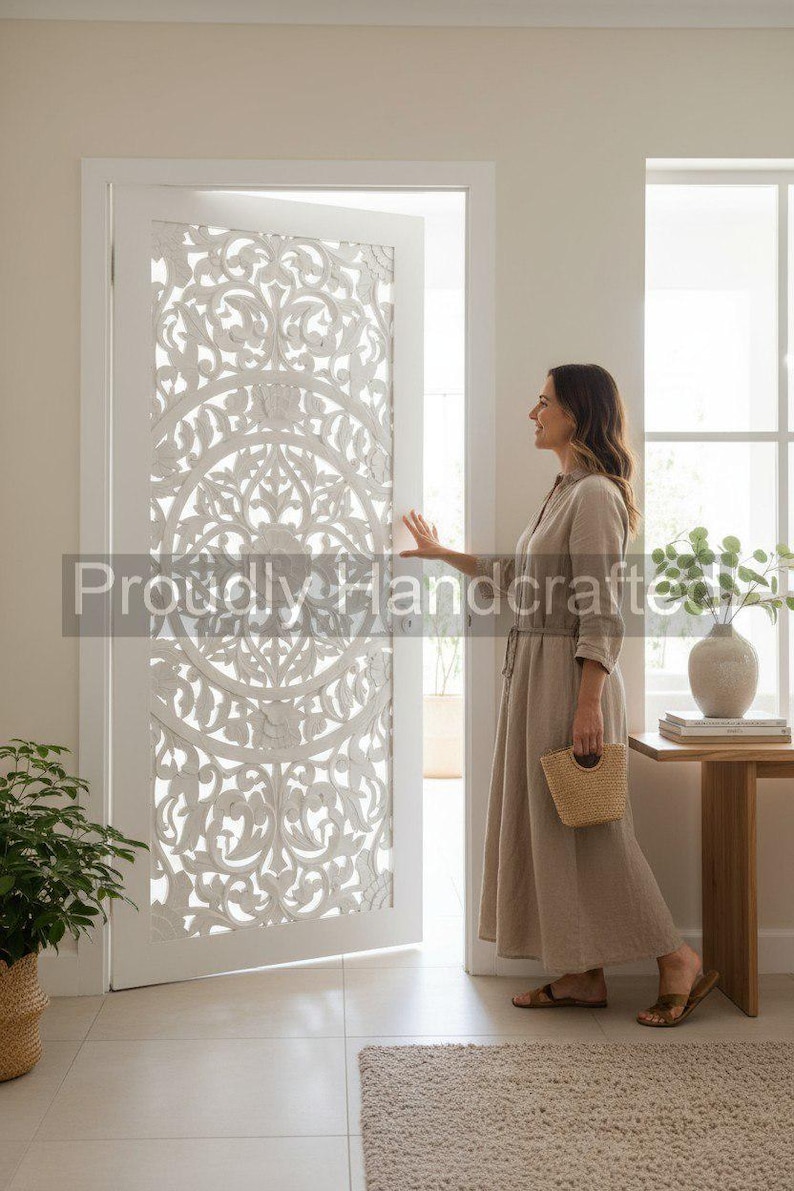 White Mandala Carved Wooden Door | Solid Teak Single Door | Floral Boho ...
