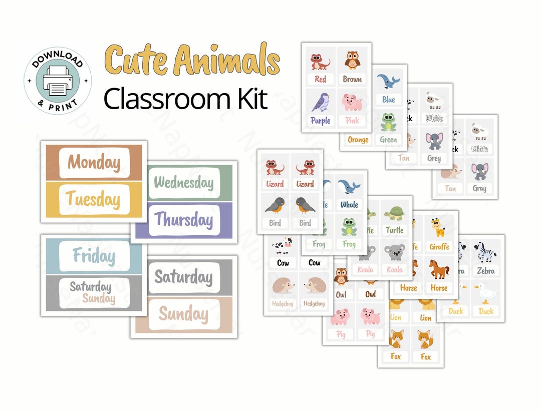 Printable Classroom Decor Cute Animals Days of Week, Colours & Matching ...