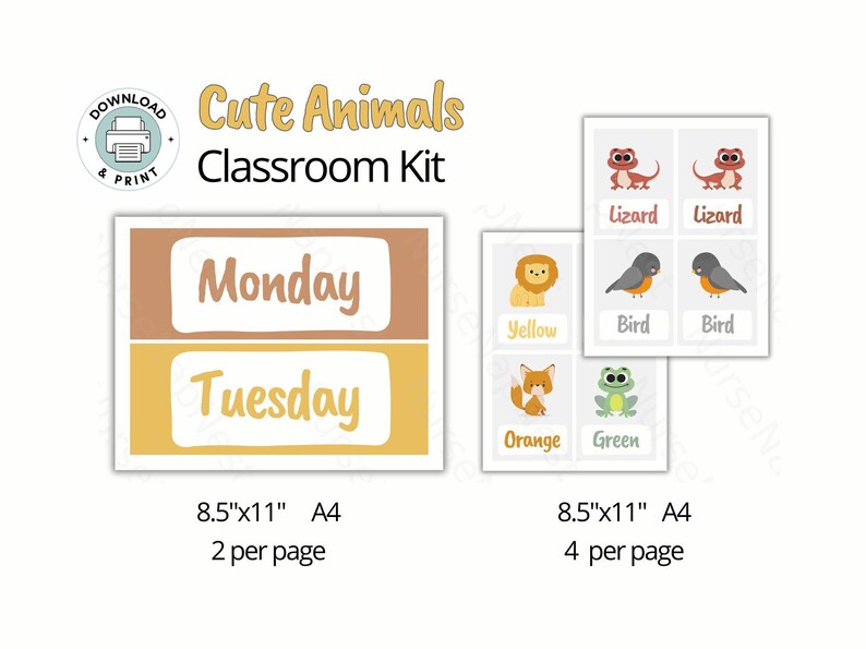 Printable Classroom Decor Cute Animals Days of Week, Colours & Matching ...
