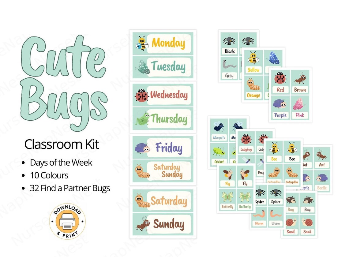 Printable Classroom Decor Cute Bugs Days of the Week, Colours, Partner ...