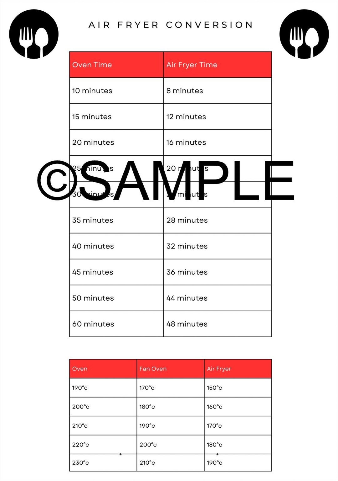 A5 Printable Air Fryer Conversion Chart simple-red - Etsy