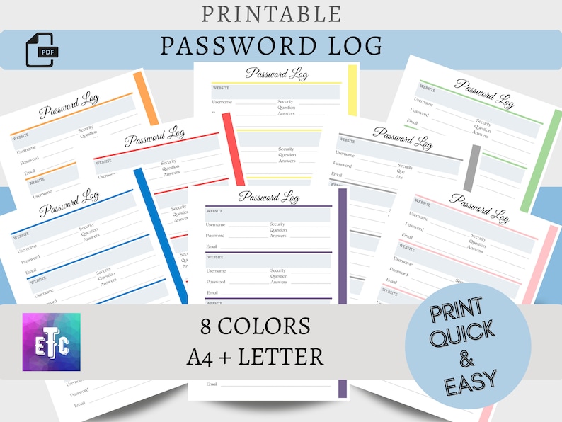 PRINTABLE Password Log, Planner Templates, DIY, Organizer, Print and ...