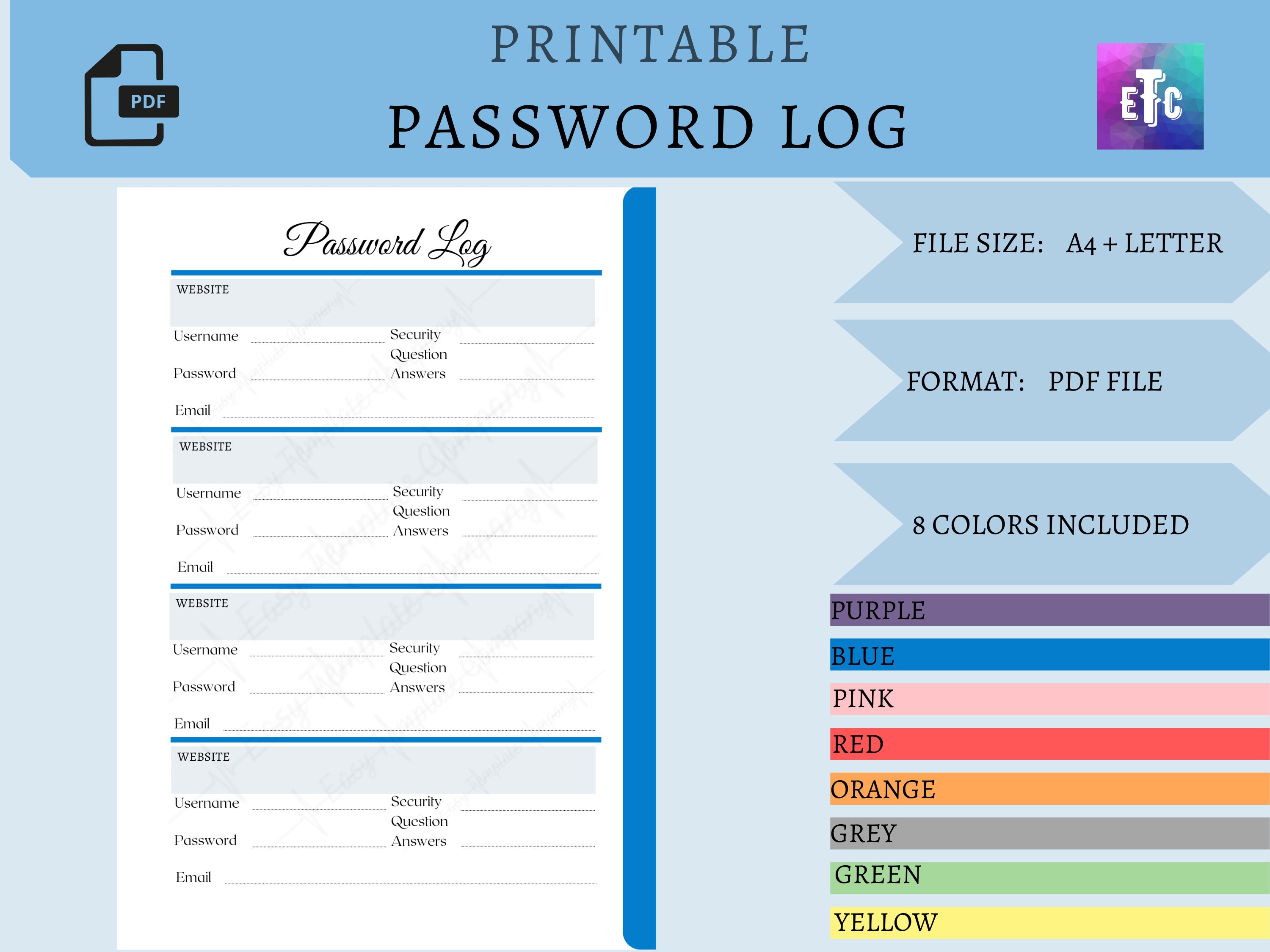 PRINTABLE Password Log, Planner Templates, DIY, Organizer, Print and ...