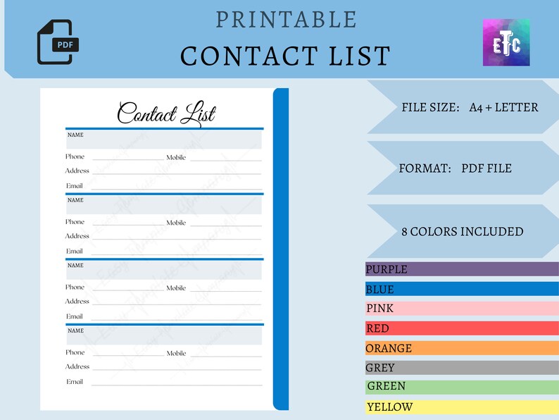 PRINTABLE Contact List, Planner Pages, Planner Templates, Organizer ...