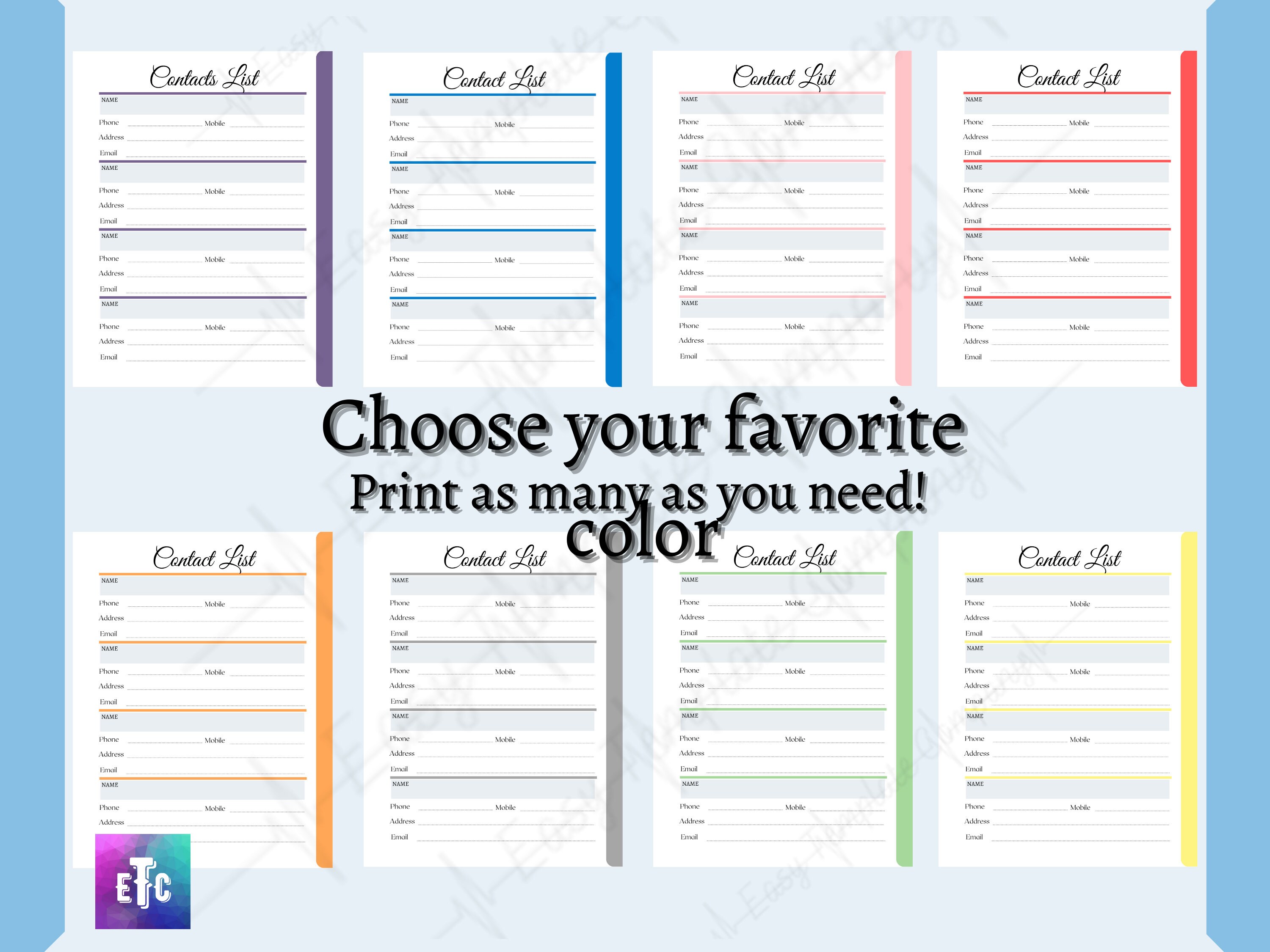 PRINTABLE Contact List, Planner Pages, Planner Templates, Organizer ...