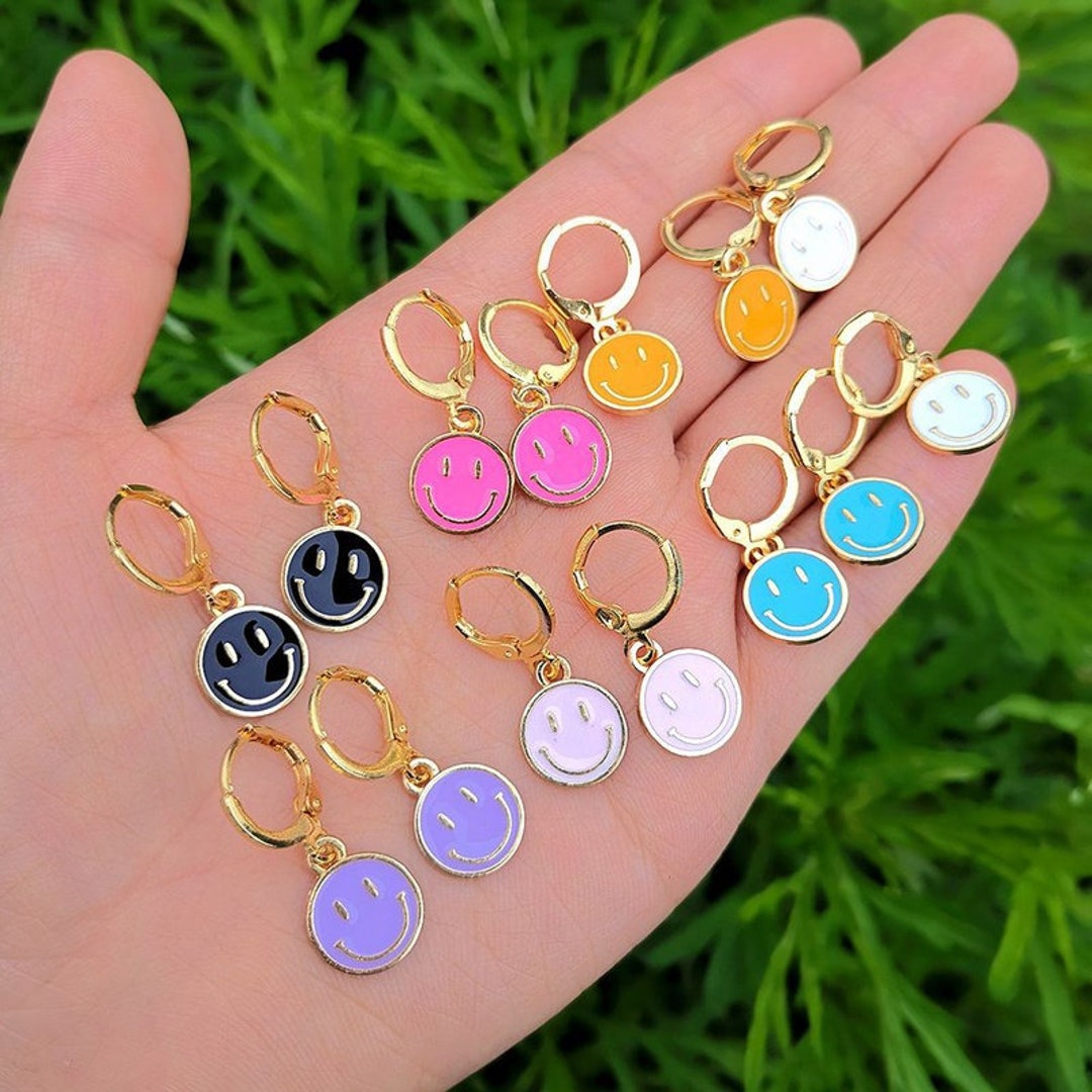 Smiley Face Earrings, Emoji Earrings, Smiley Face Huggies, Earrings ...