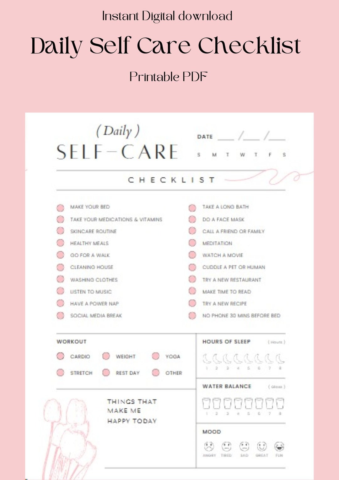Self Care Checklist, Printable Digital PDF, Self Care to Do List, Daily ...