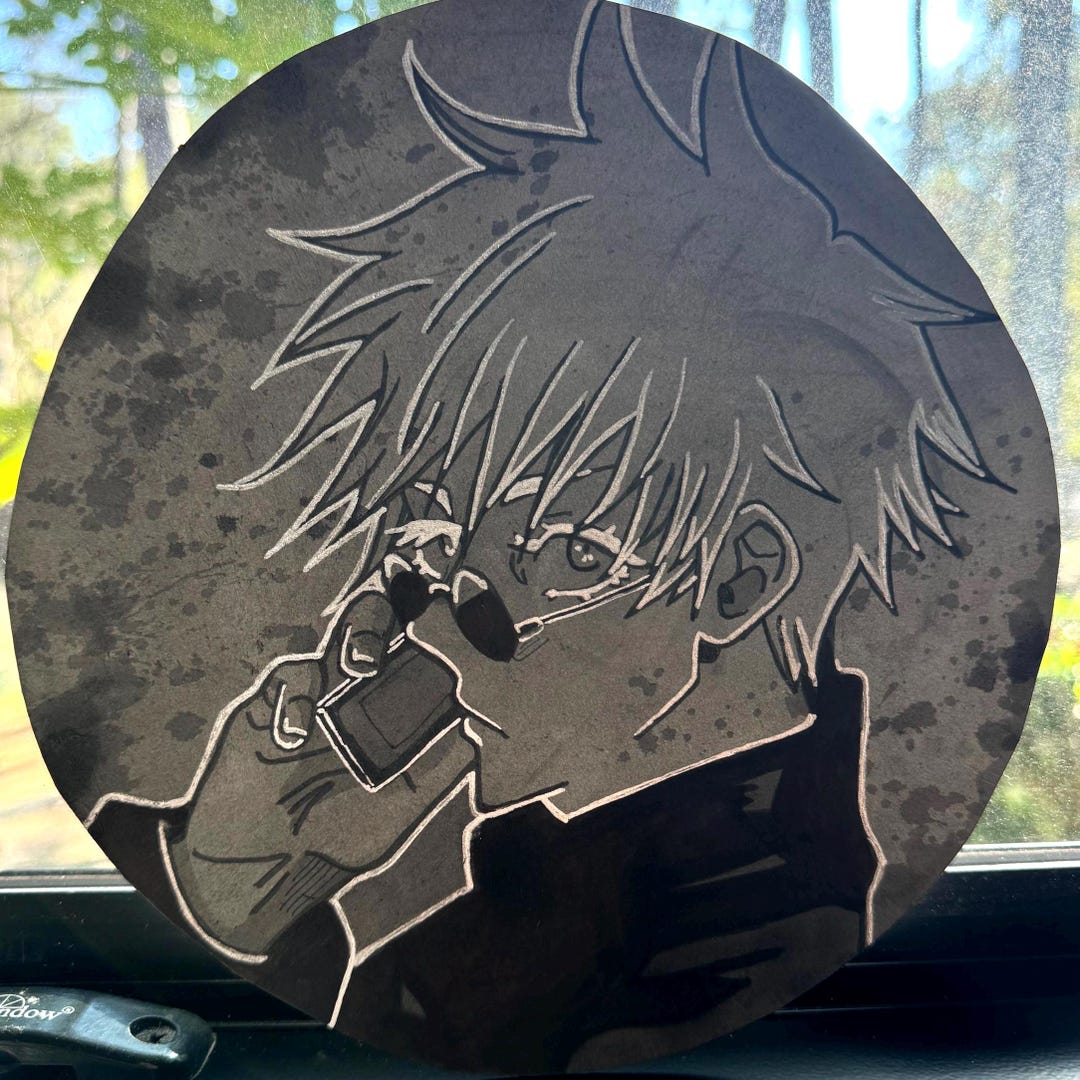 Gojo Satoru Anime Art (8” Circle) Dark Grey Background + Splattered ...