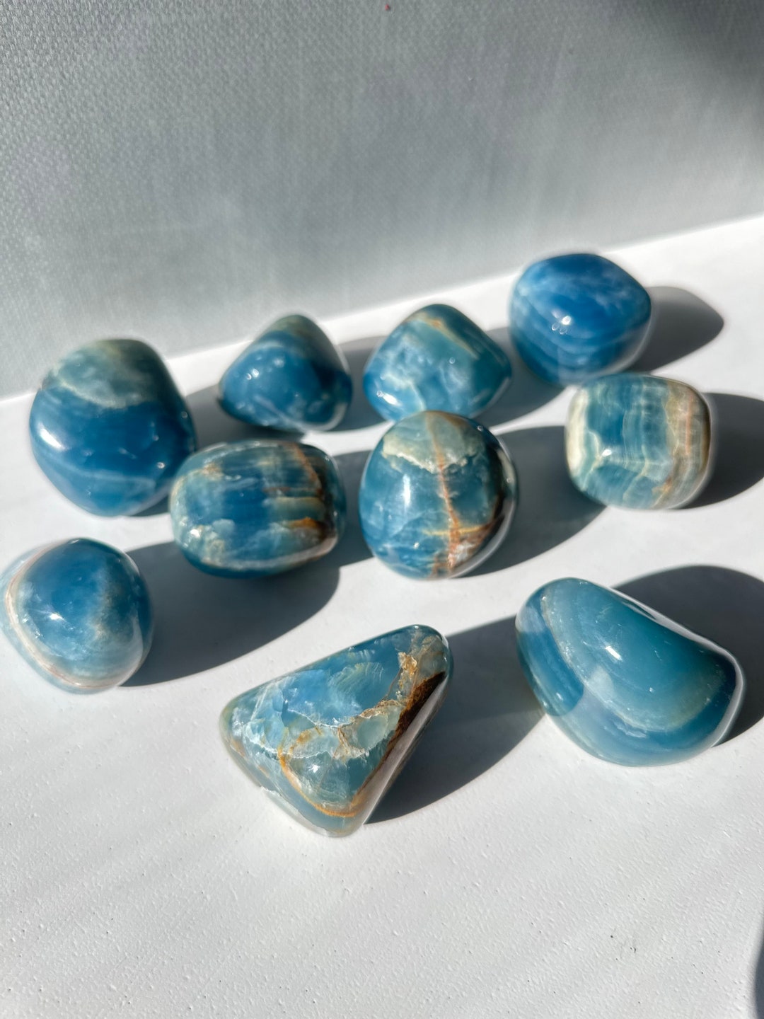 Polished Blue Onyx Palm Stones | Aquatine Lemurian Stones | Banded Onyx Palm Stones | Mexican ...