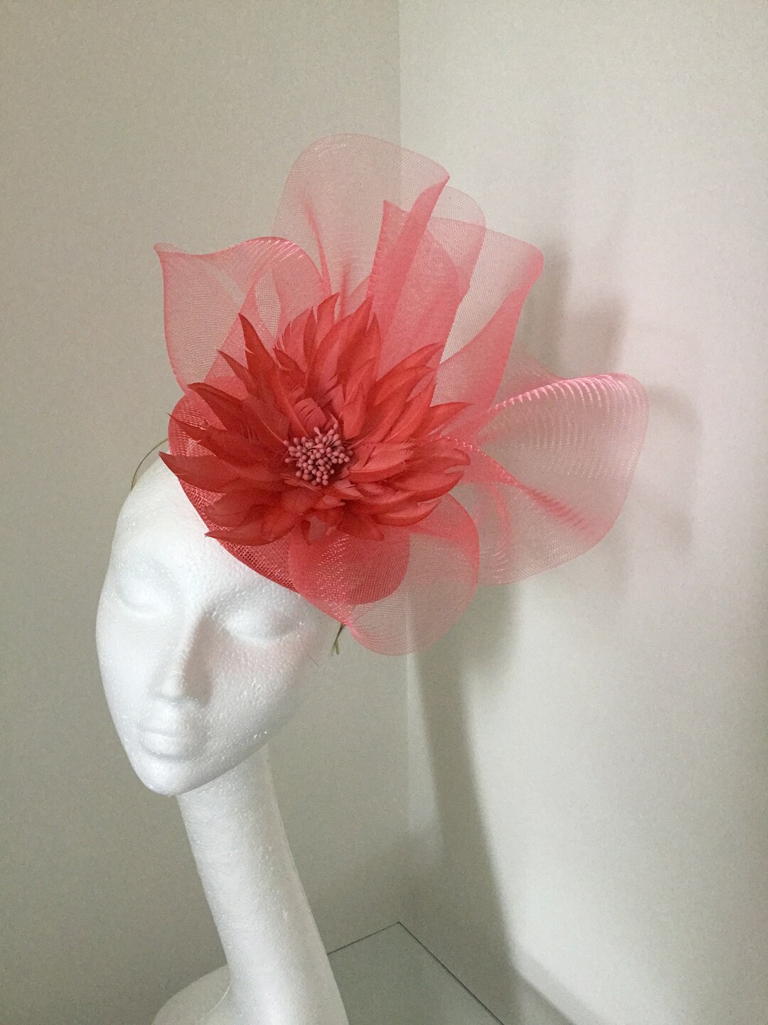 Coral Fascinator With Crinoline and Coral Feather Flower - Etsy UK