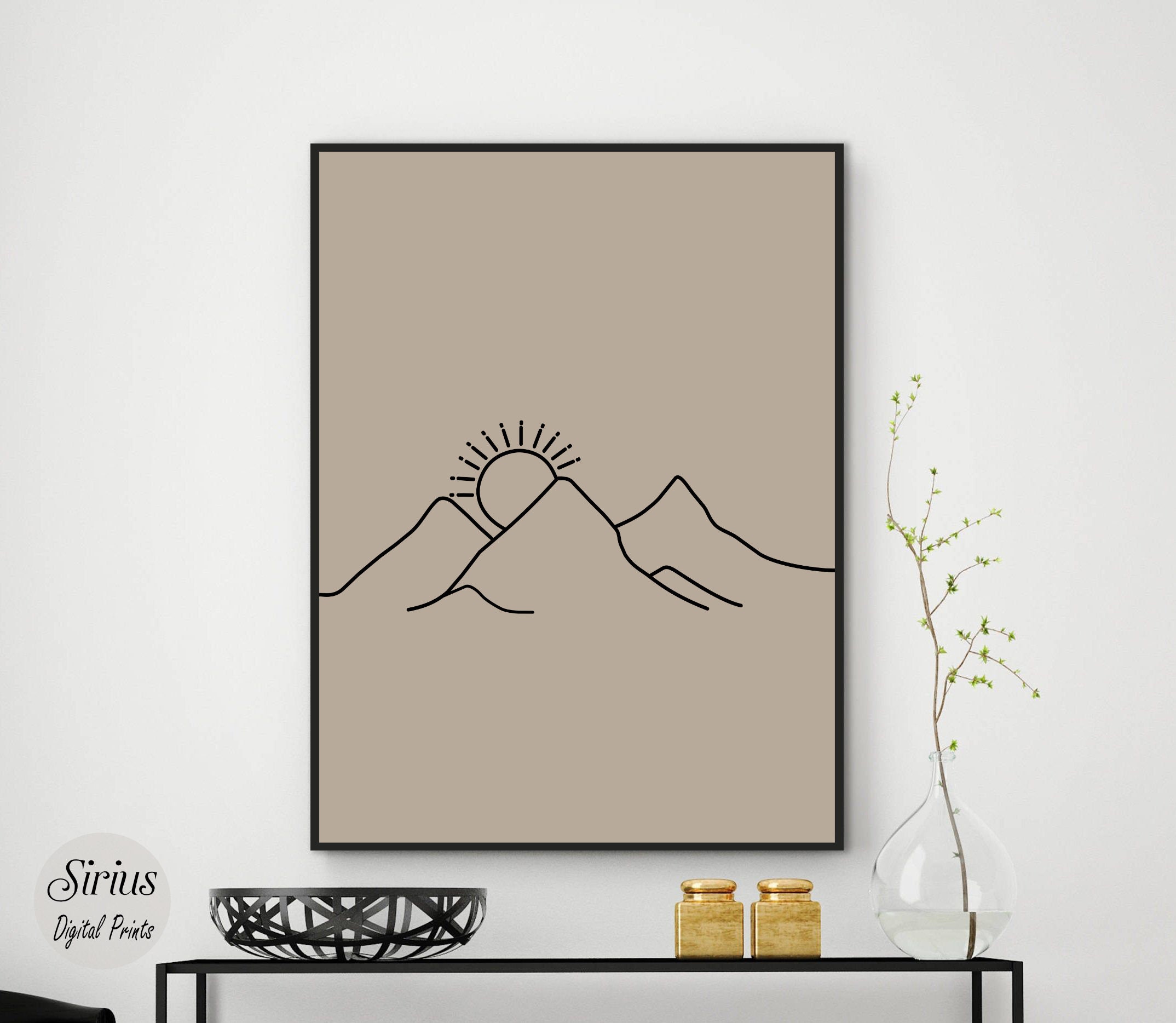 Mountain Sun and Moon Line Art Print,minimalist Mountain Sun and Moon ...