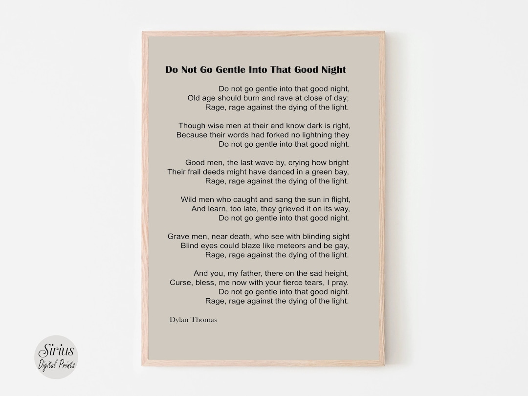 Large Dylan Thomas Poem Print, Do Not Go Gentle Poetry Poster in Black ...