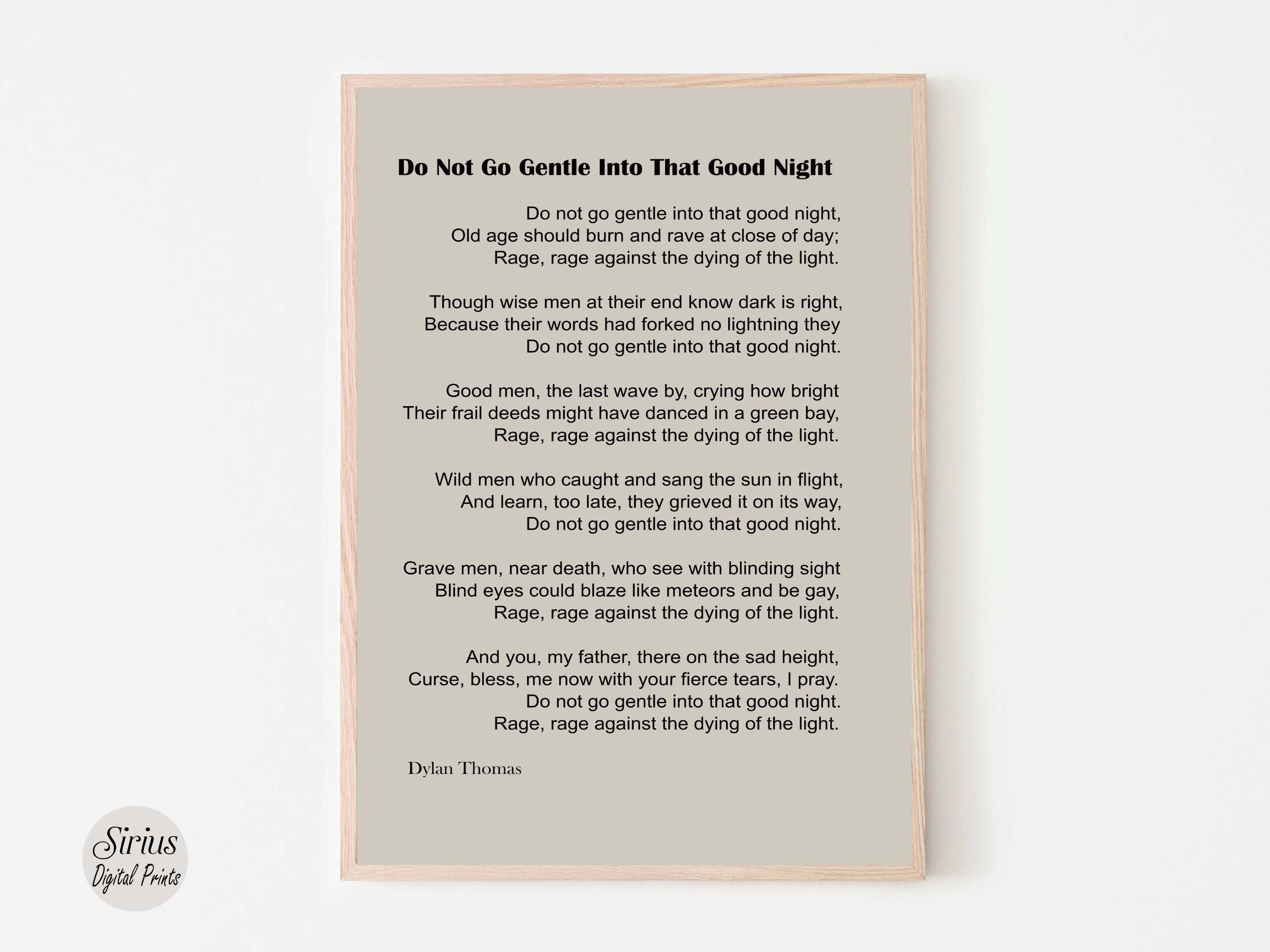 Large Dylan Thomas Poem Print, Do Not Go Gentle Poetry Poster in Black ...