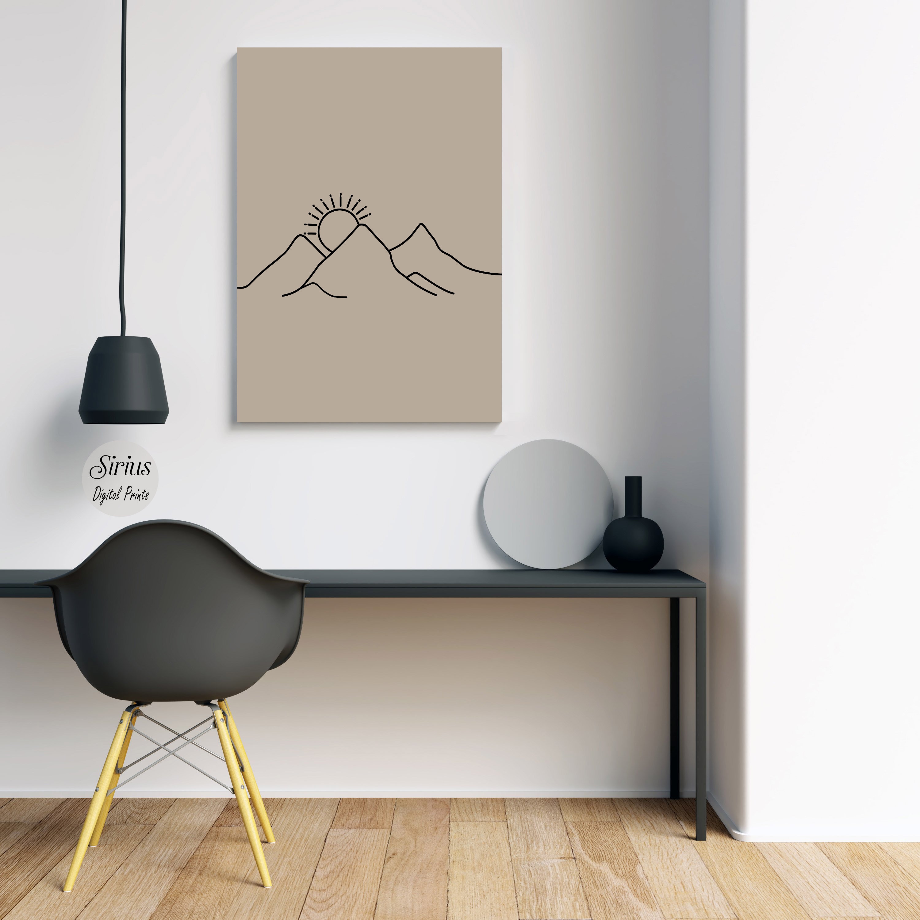 Mountain Sun and Moon Line Art Print,minimalist Mountain Sun and Moon ...