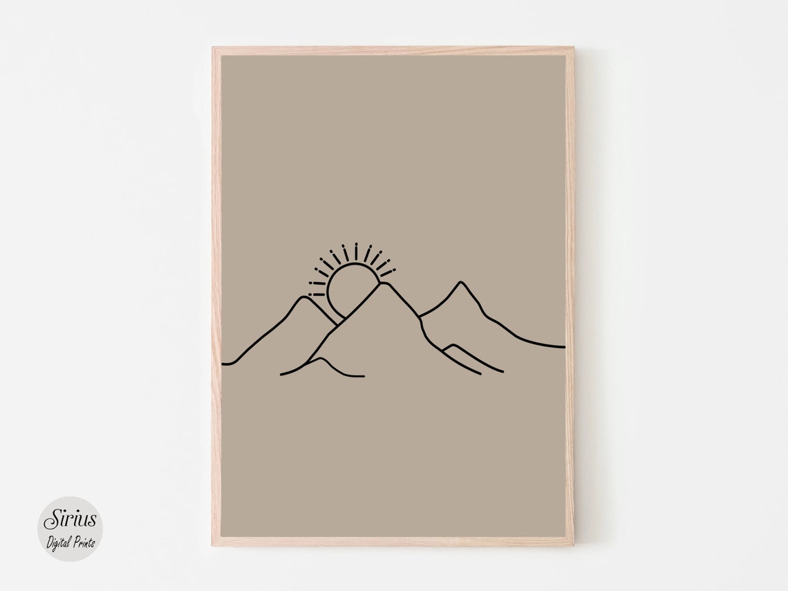 Mountain Sun and Moon Line Art Print,minimalist Mountain Sun and Moon ...