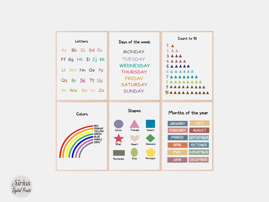 Rainbow Educational Posters,6 Homeschool Prints,alphabet Poster ...