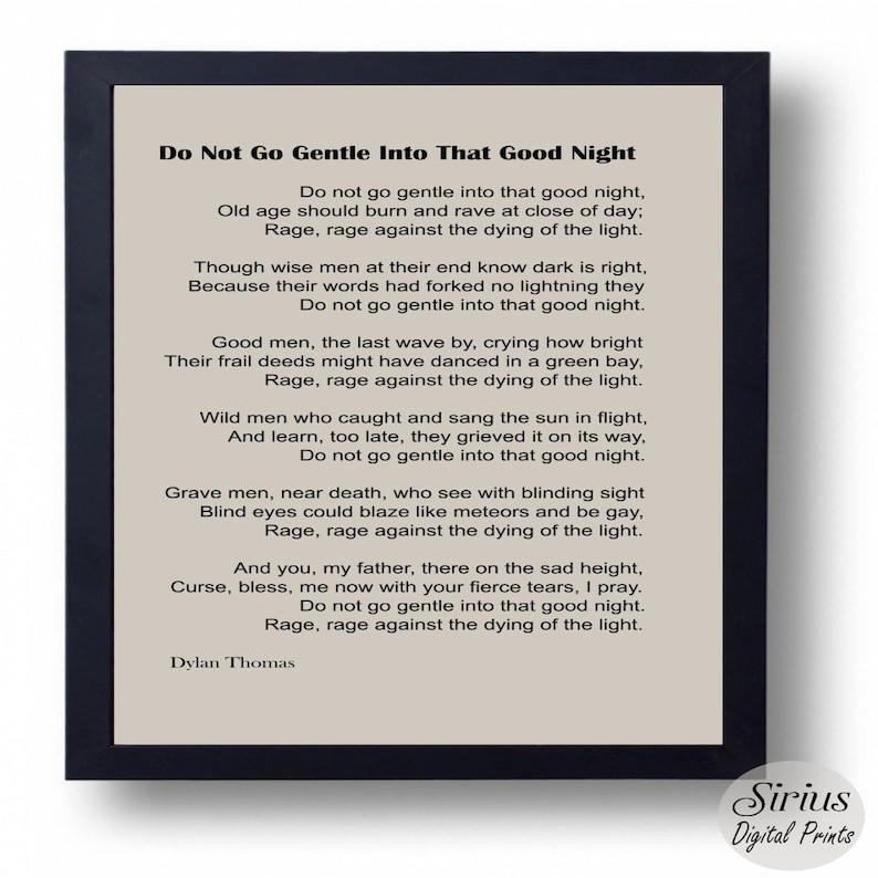 Large Dylan Thomas Poem Print, Do Not Go Gentle Poetry Poster in Black ...