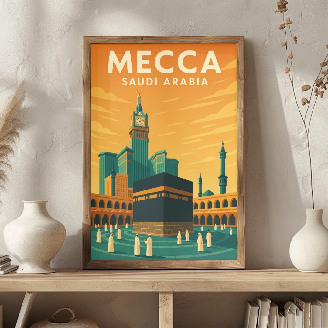 Mecca Saudi Arabia Vintage Travel Poster | Retro Kaaba & Clock Tower ...