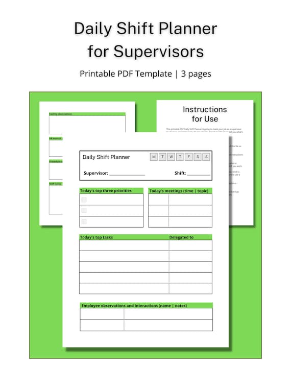 Daily Shift Planner Template for Supervisors Printable PDF - Etsy