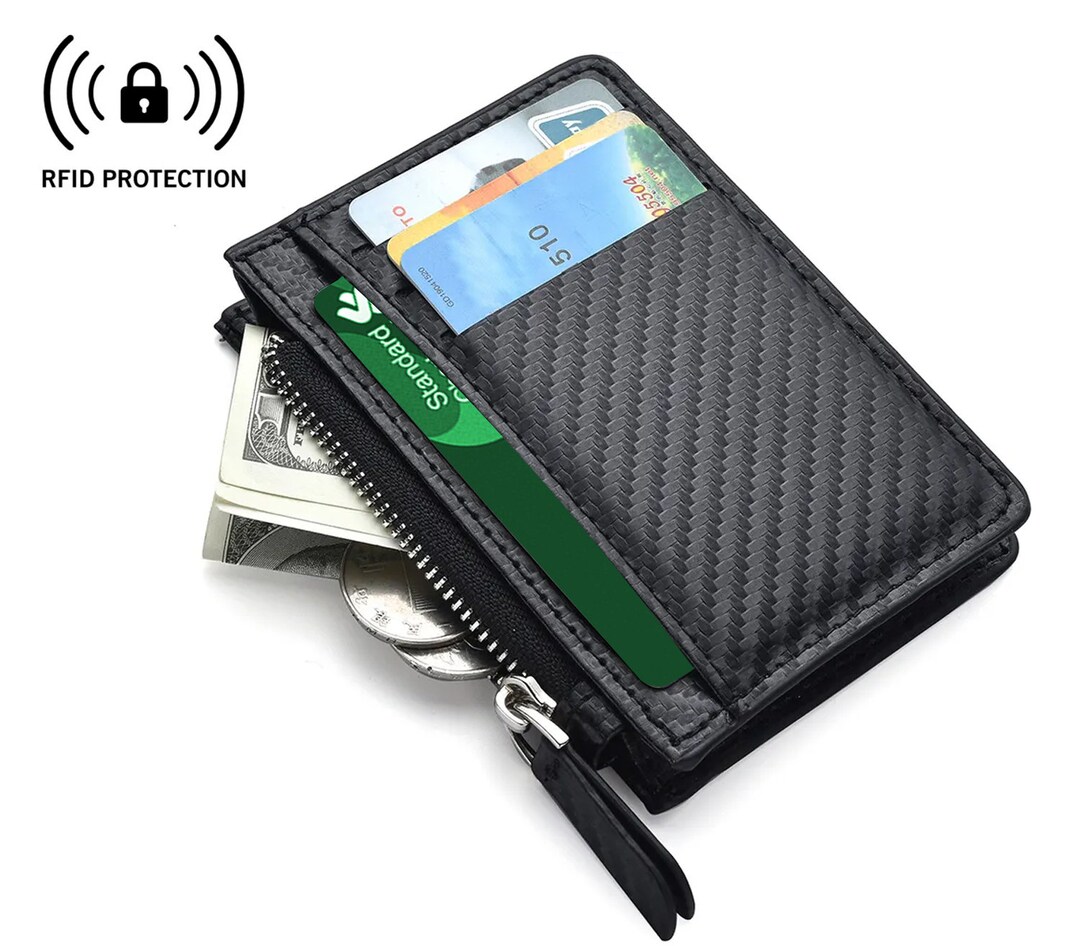 Genuine Leather Slim Card Holder Mini Wallets for Men Carbon Fiber RFID ...
