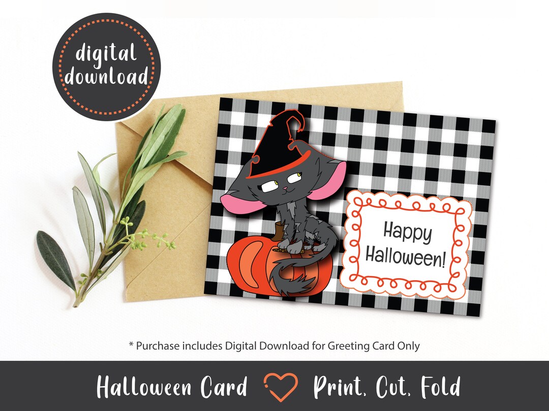 Cute Halloween Card, Printable Happy Halloween Cat Card for Kids ...