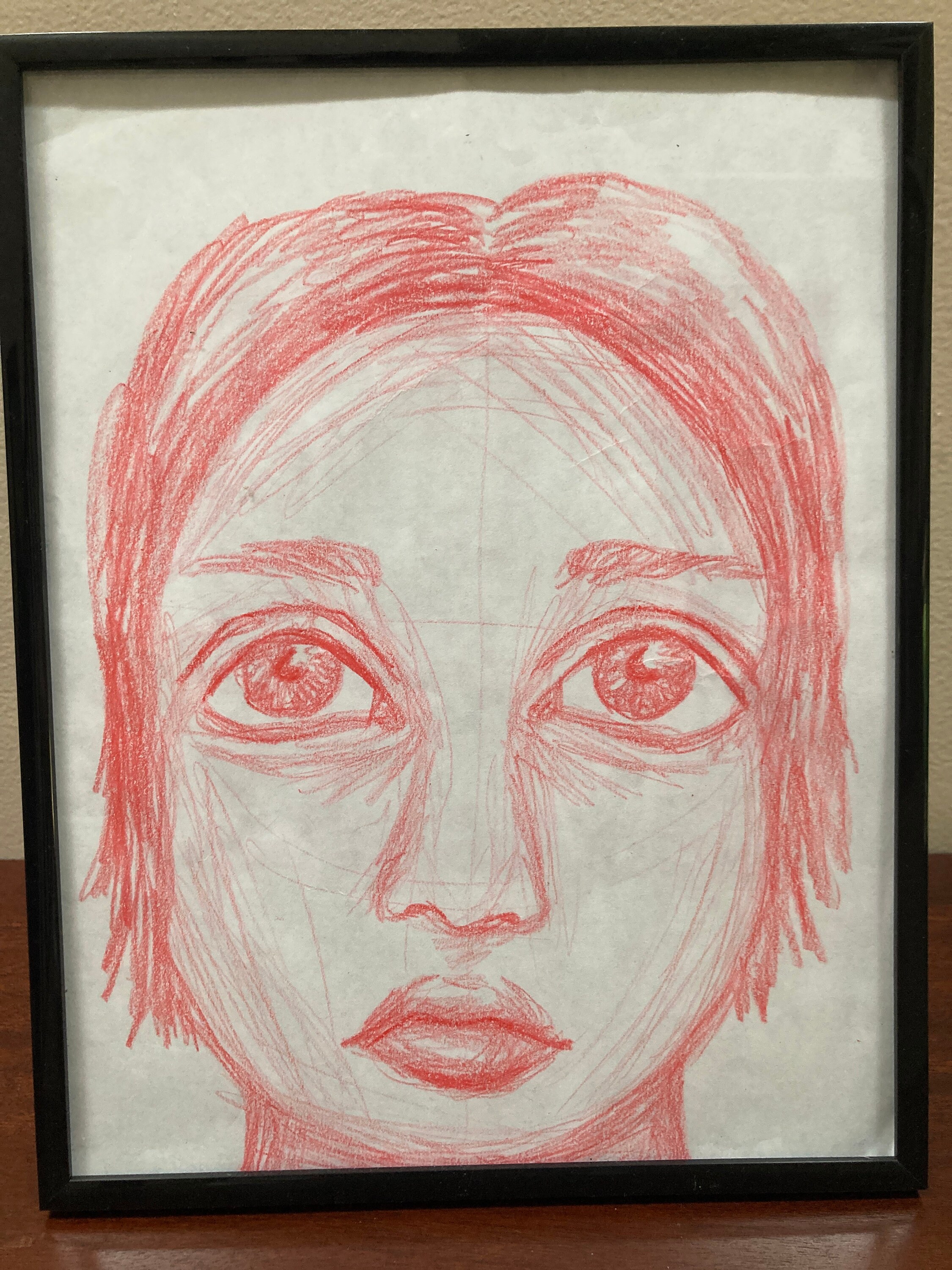 Red Colored Pencil Drawing of Woman With Short Hair - Framed - Etsy