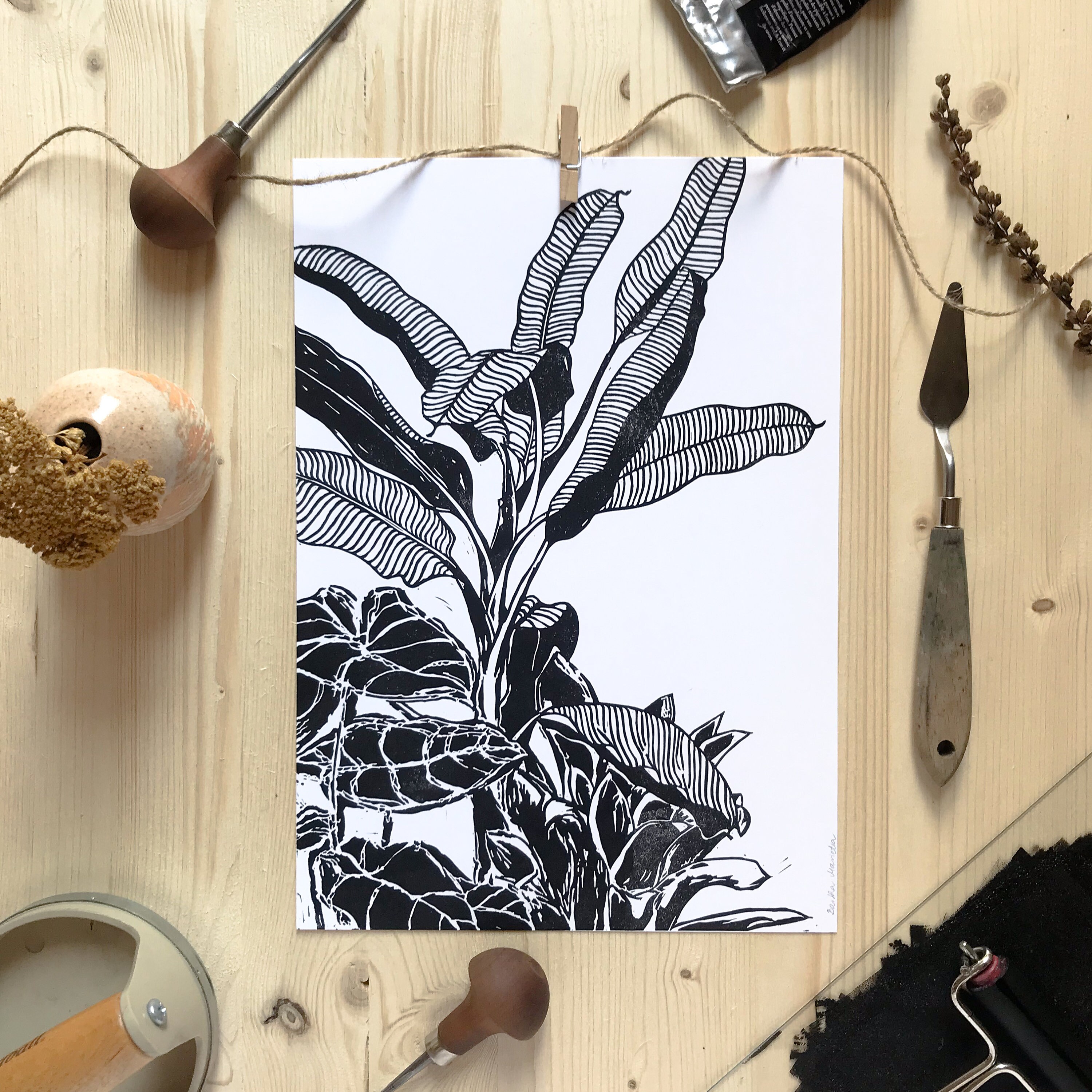 Handprinted Linocut, Unique Linoprint - Palm House With Banana Tree - Etsy