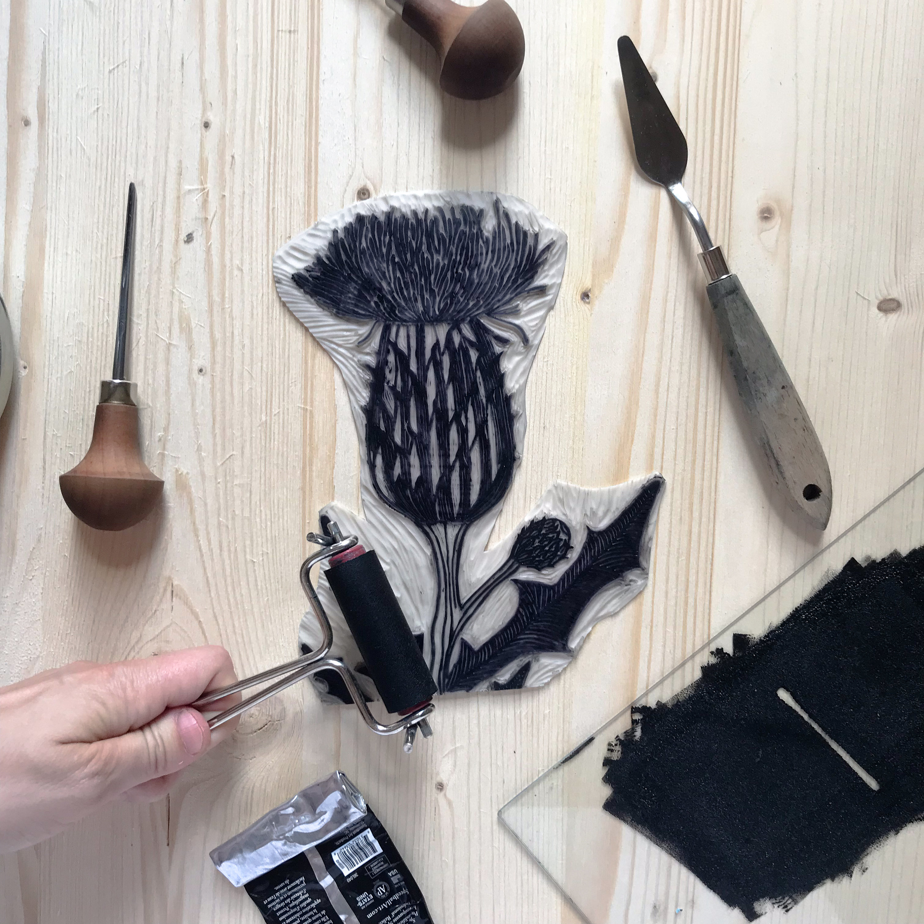 Handprinted linocut, unique linoprint - A symbol of Scotland, the ...