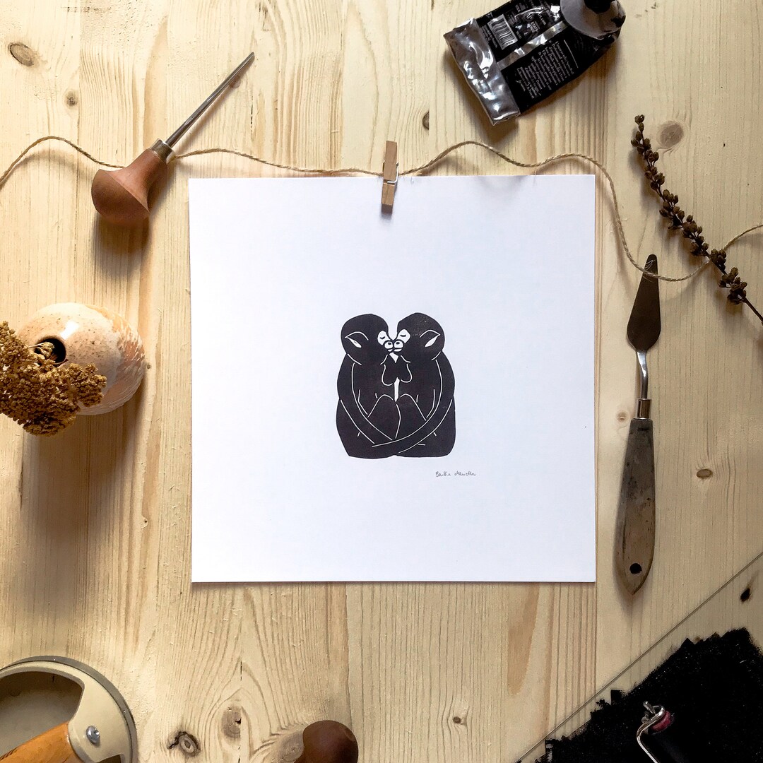 Handprinted Linocut, Unique Linoprint - Kissing Monkeys - Etsy