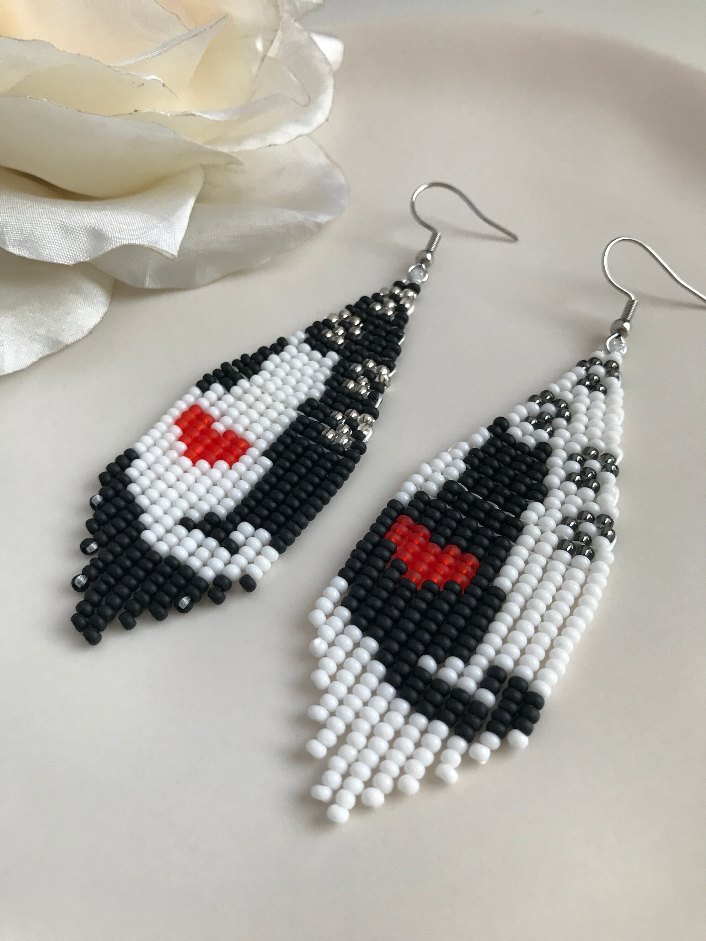 Cat & Paws Beaded Fringe Earrings/ Black White Cats Red Heart ...