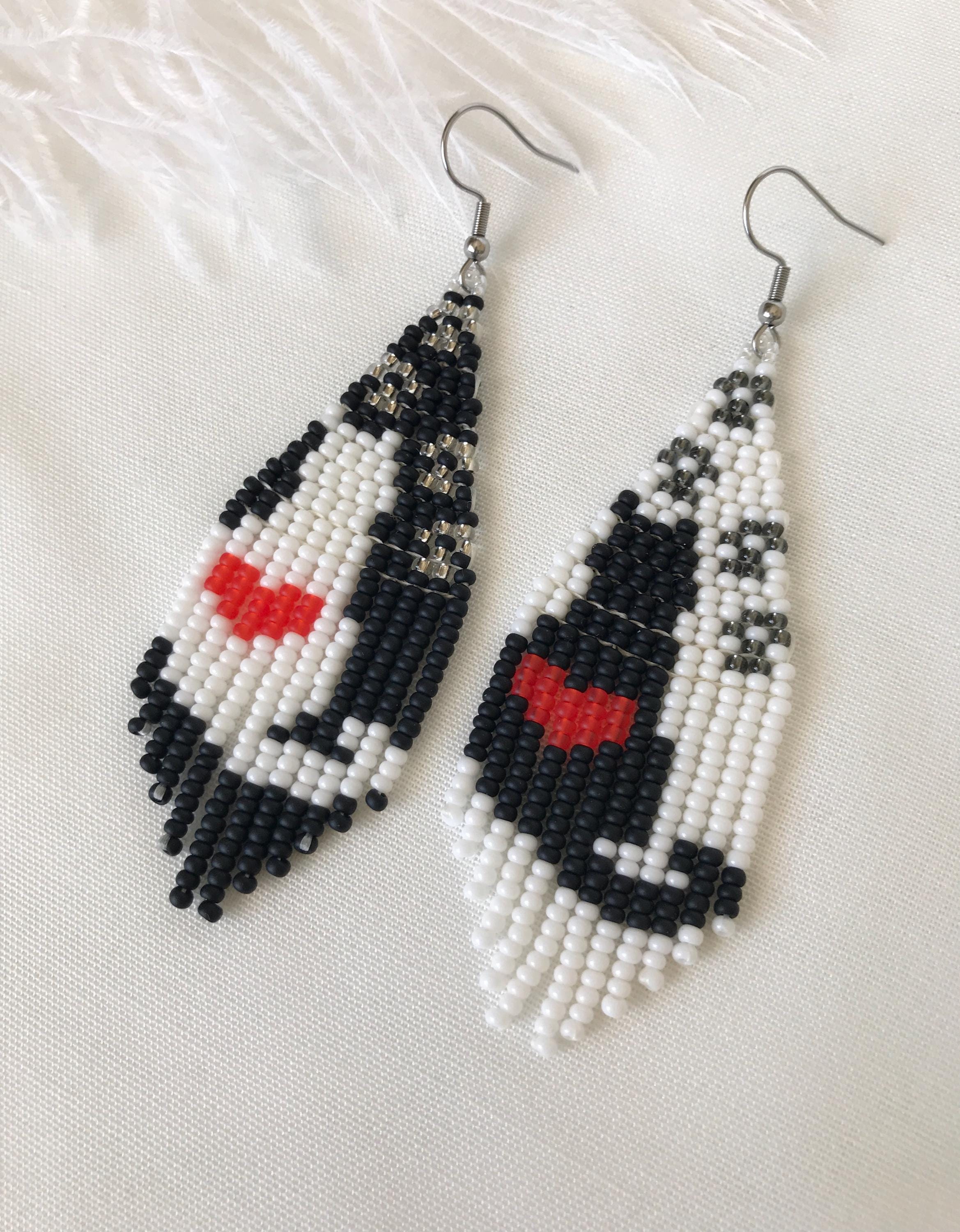 Cat Mismatched Beaded Fringe Earrings/ Black White Cats, Paws & Red ...