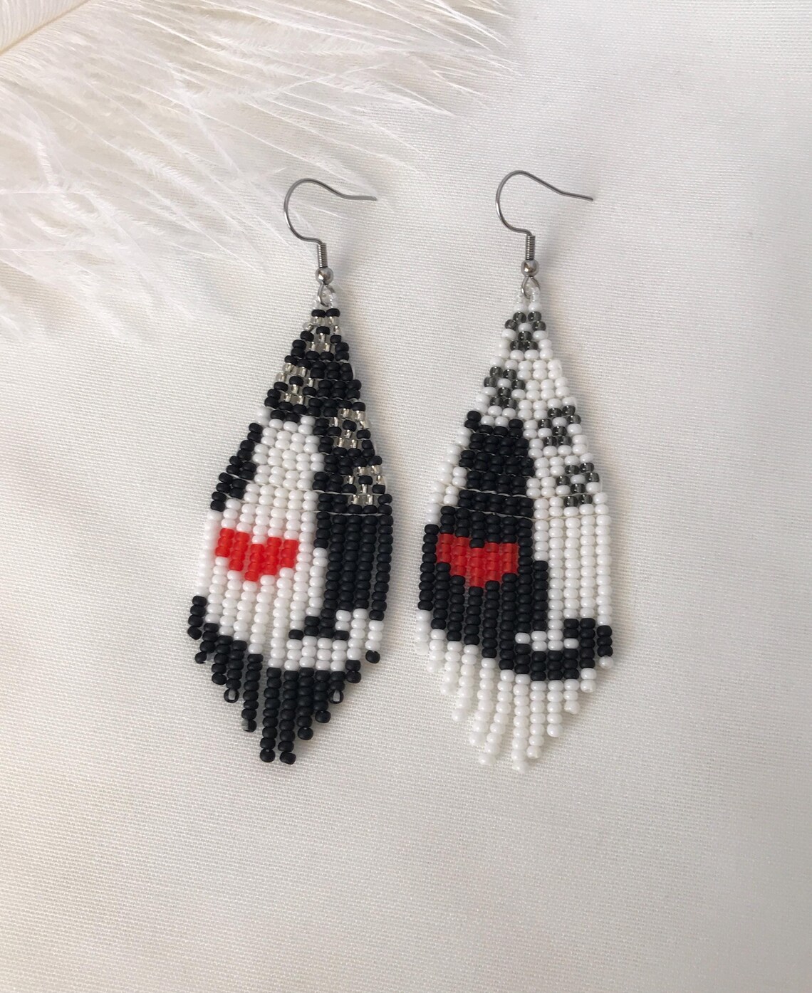Cat Mismatched Beaded Fringe Earrings/ Black White Cats, Paws & Red ...