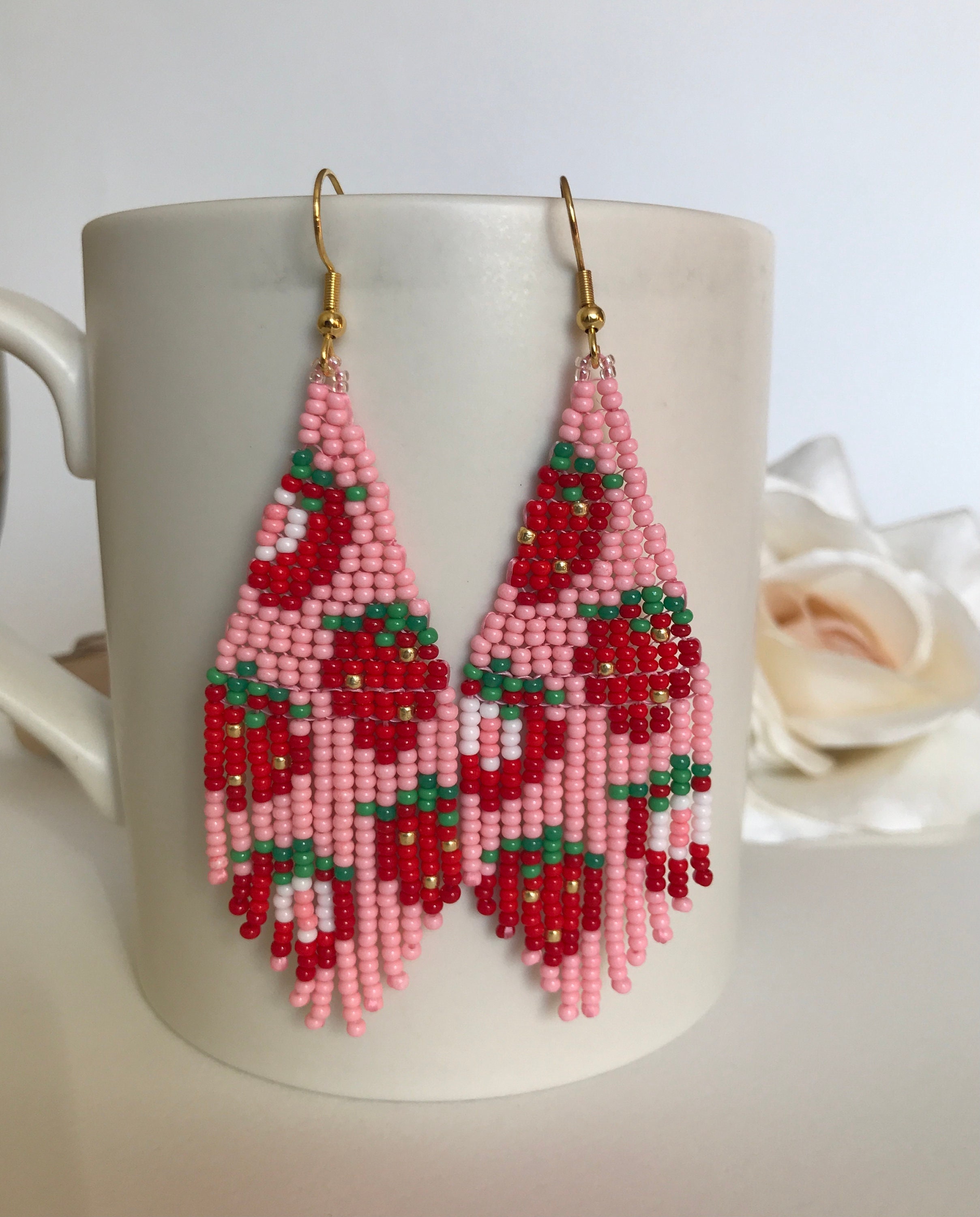 Pink Strawberry Beaded Fringe Earrings Mismatched/ Fruit Modern Native ...