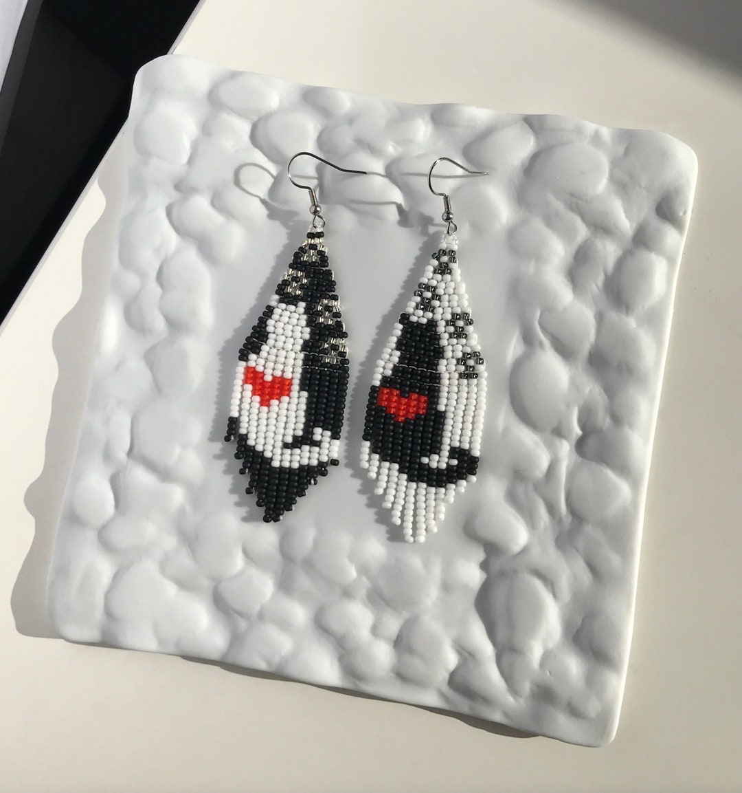 Cat & Paws Beaded Fringe Earrings/ Black White Cats Red Heart ...