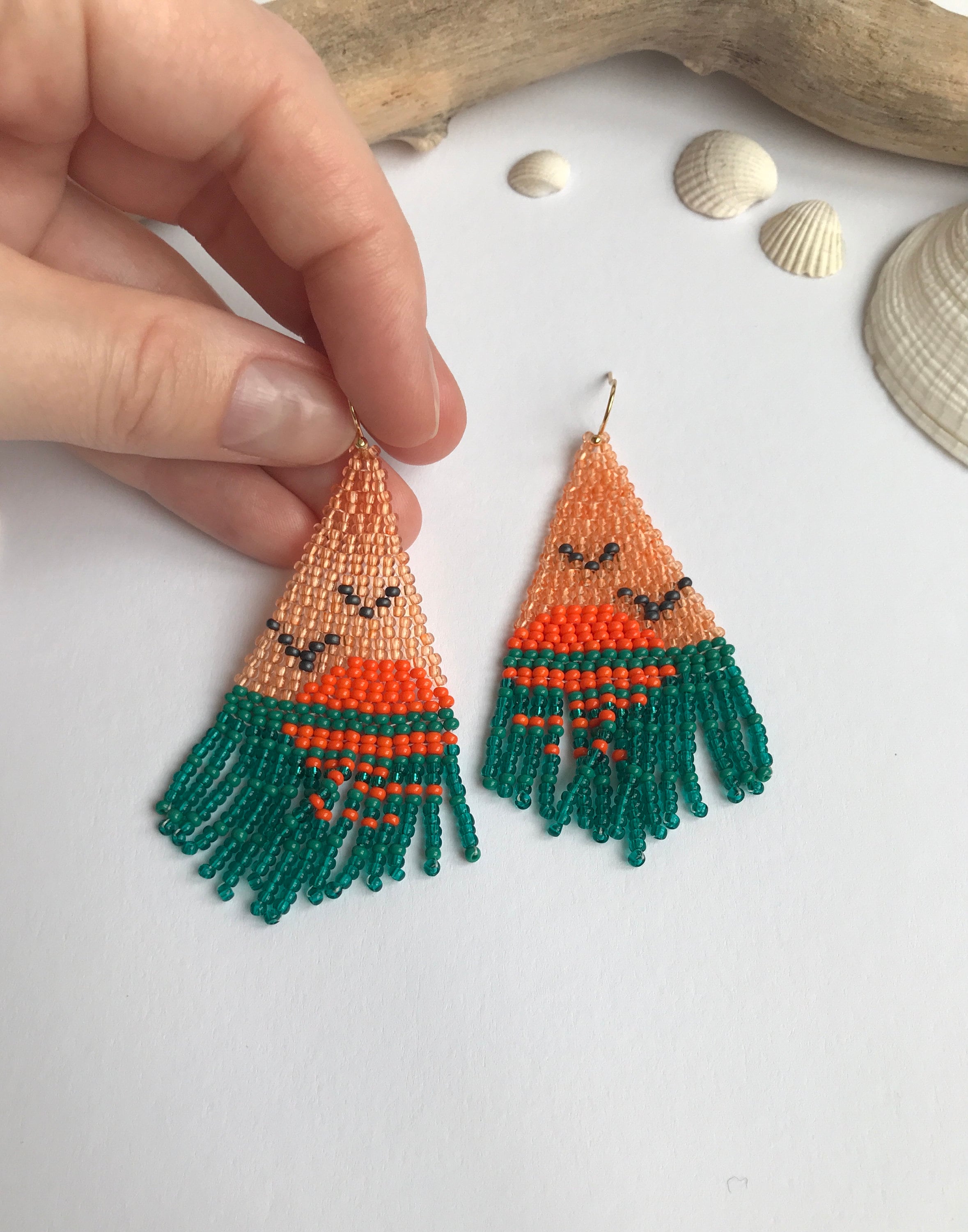 Ocean Sea Sunset Beach Beaded Fringe Earrings/ Orange Turquoise Beach ...