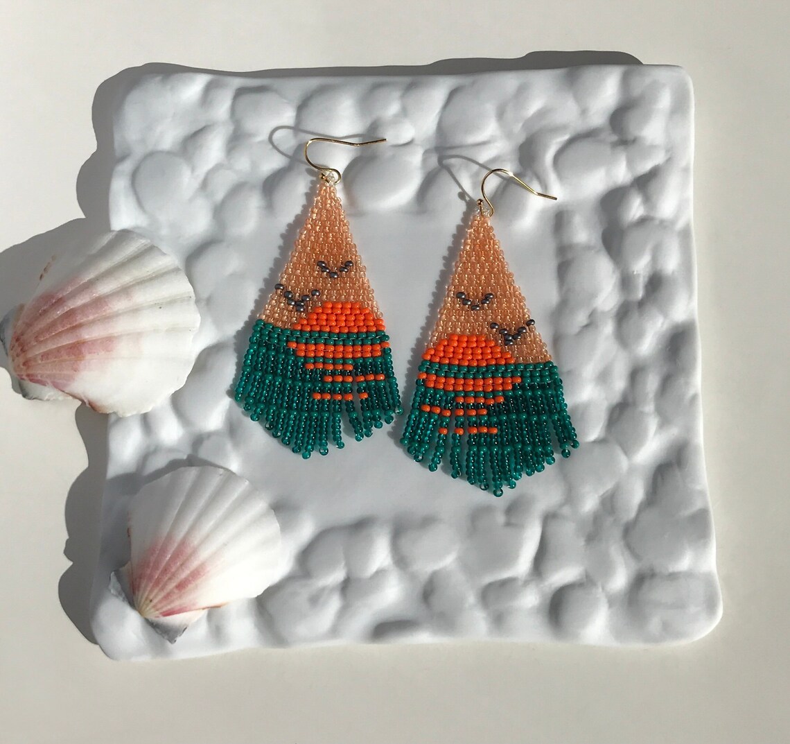 Ocean Sea Sunset Beach Beaded Fringe Earrings/ Orange Turquoise Beach ...