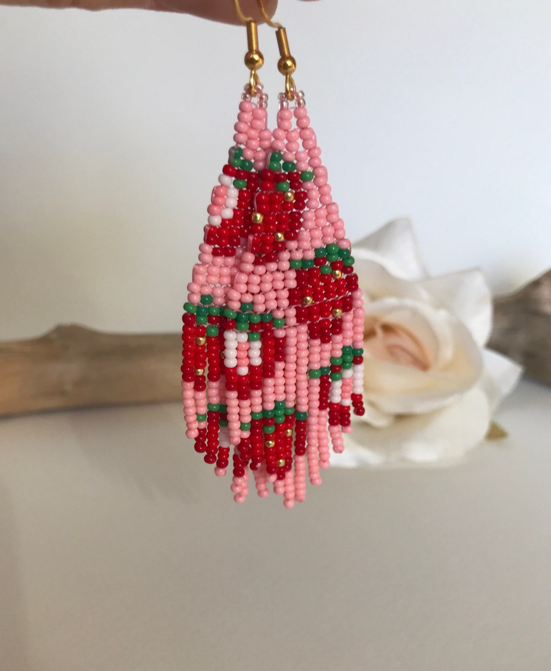 Pink Strawberry Beaded Fringe Earrings Mismatched/ Fruit Modern Native ...