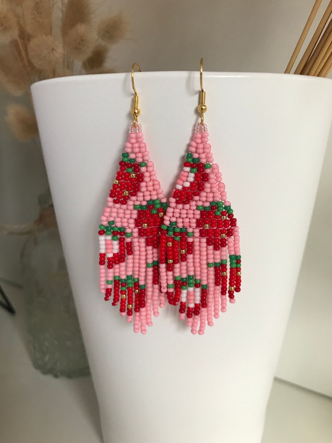 Pink Strawberry Beaded Fringe Earrings Mismatched/ Fruit Modern Native ...