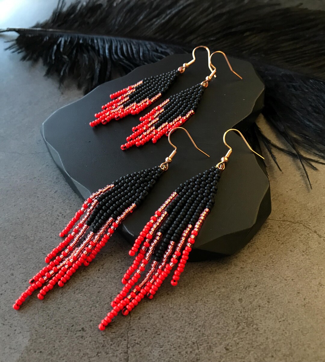 Ombre Black & Red Long Beaded Fringe Earrings/ Long, Mini Sizes/ Matte ...