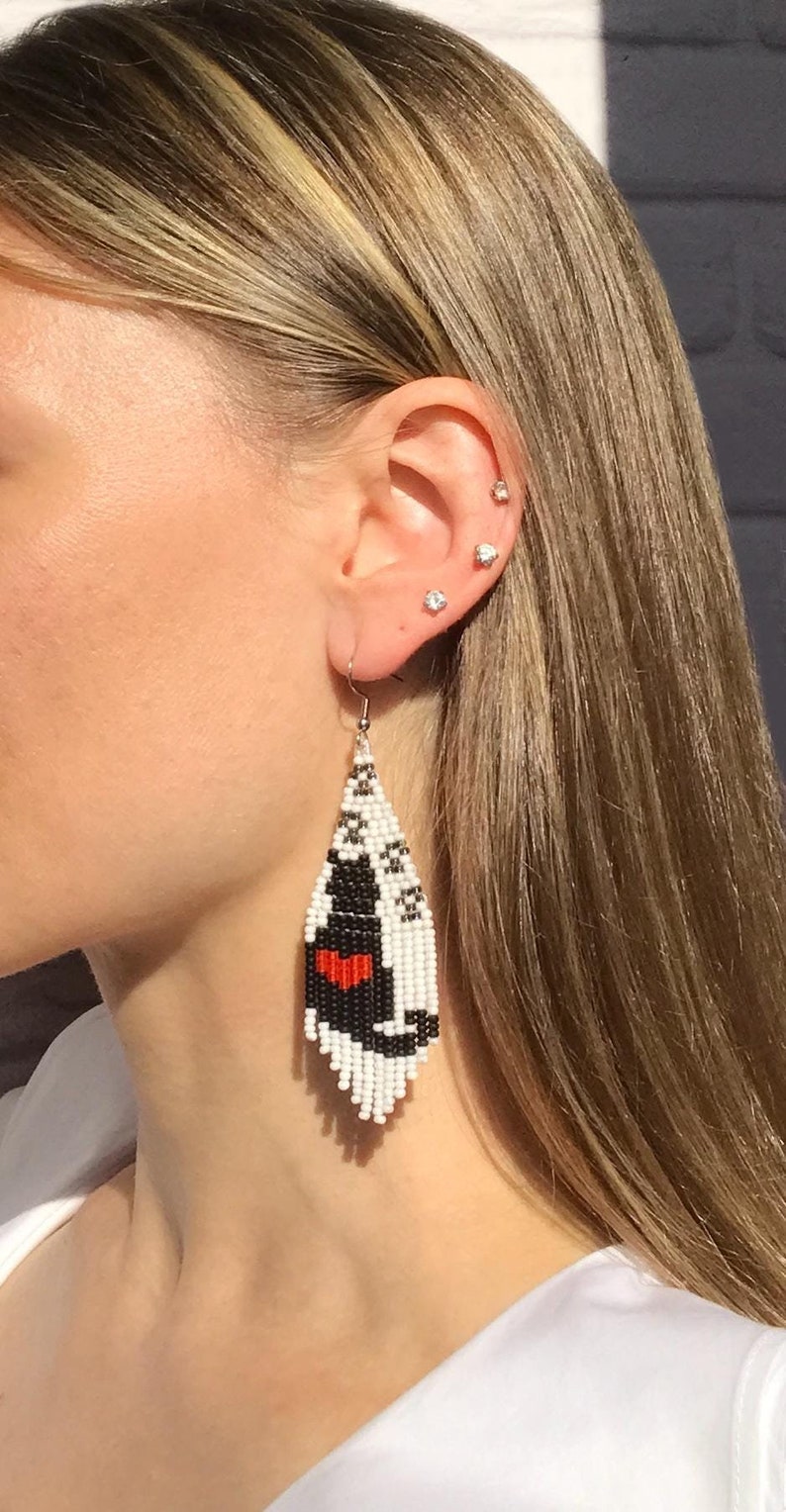 Cat Mismatched Beaded Fringe Earrings/ Black White Cats, Paws & Red ...