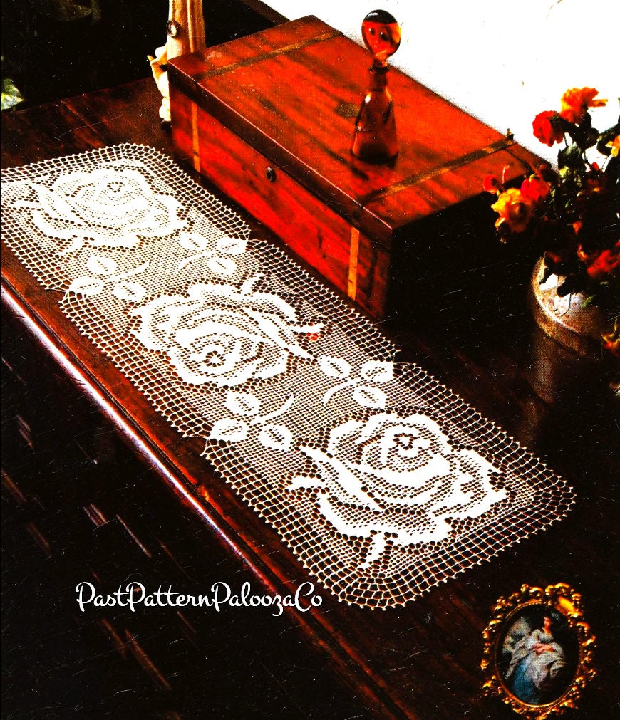 Vintage Filet Crochet Pattern 34" Three Roses Table Runner PDF Instant ...