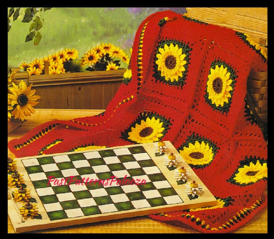 Vintage Crochet Pattern Bright Sunflowers Motif Granny Squares Afghan ...