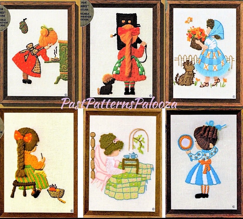 Vintage Crewel Embroidery Patterns Cute Kitsch Girls Old Fashioned ...