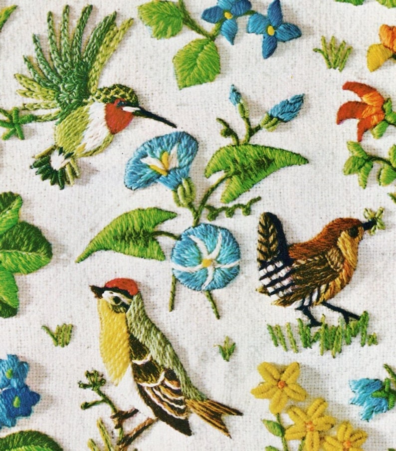 Vintage Crewel Embroidery Pattern Spring Birds Berries Plants Flower ...