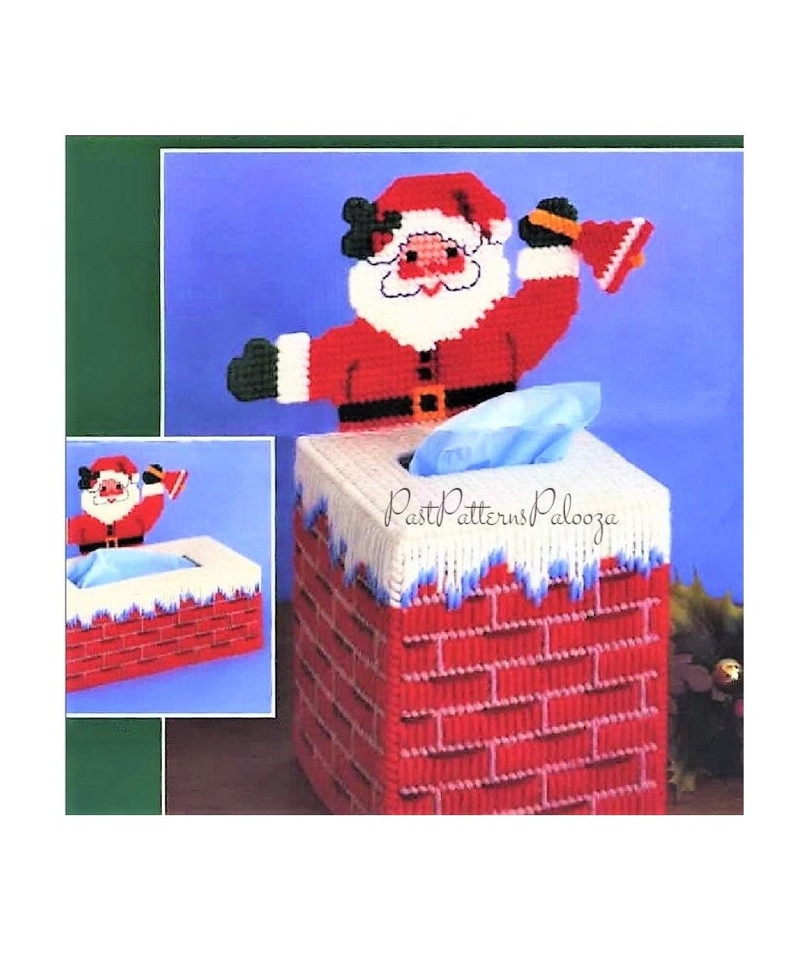 Vintage Plastic Canvas Christmas Tissue Box Cover Pattern Santa Chimney ...