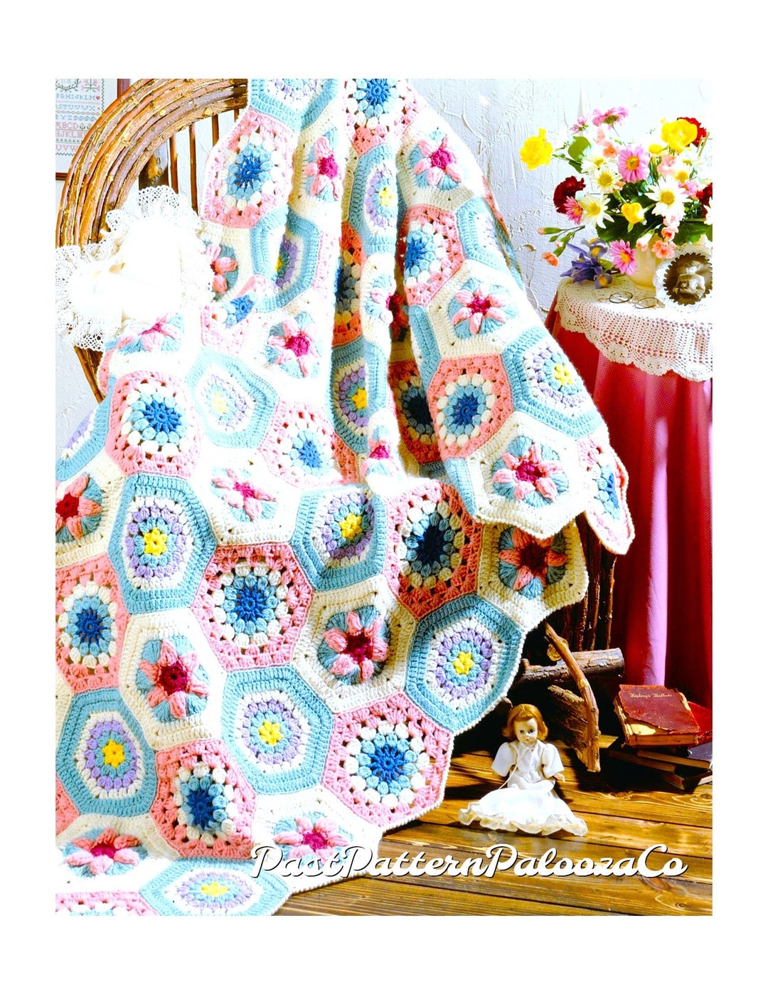 Vintage Crochet Afghan Pattern Hexagon Flower Granny Squares PDF ...