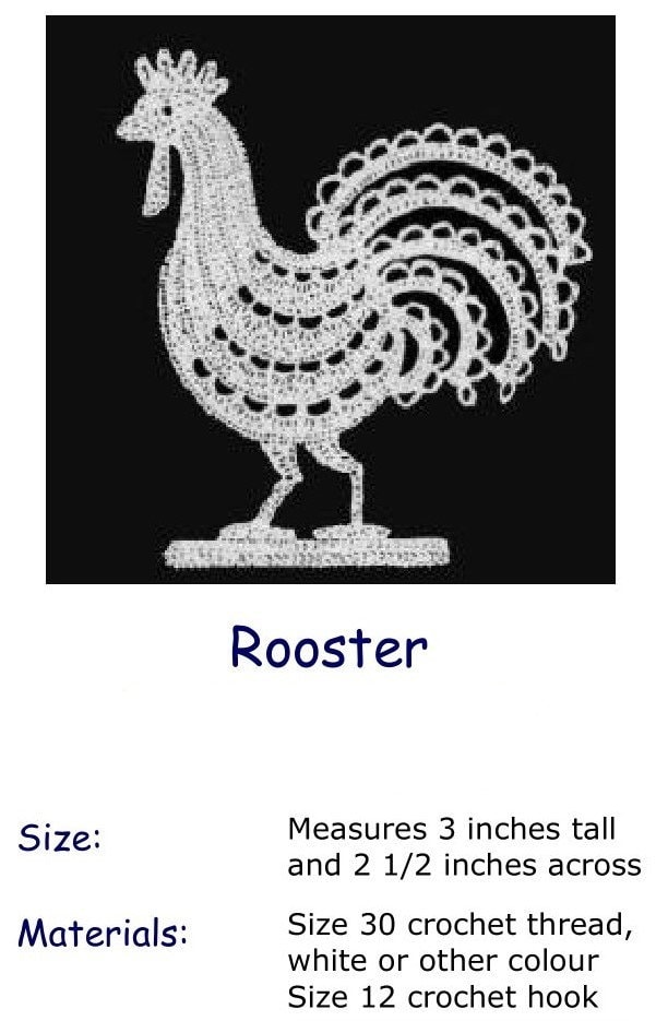 Vintage Thread Crochet Pattern Mini 3" Rooster Chicken Applique Lacy ...