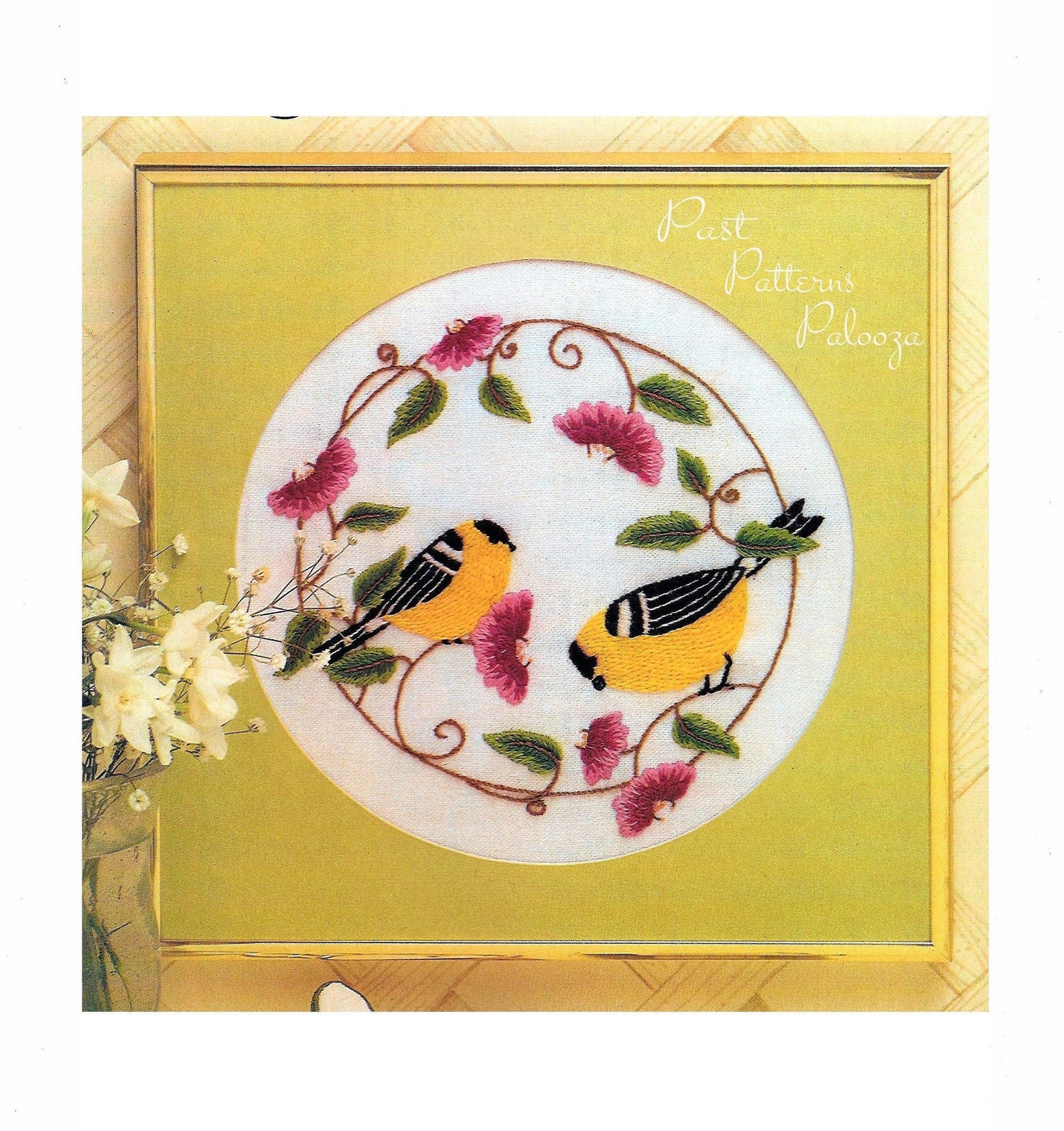 Vintage Crewel Embroidery Pattern 8" Goldfinch Birds Flowers Two ...