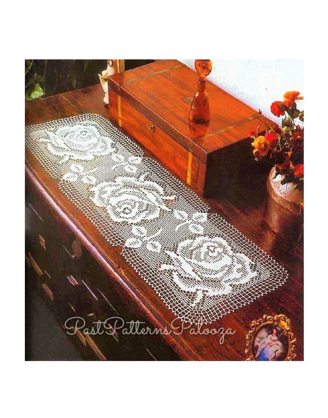 Vintage Filet Crochet Pattern 34" Three Roses Table Runner PDF Instant ...